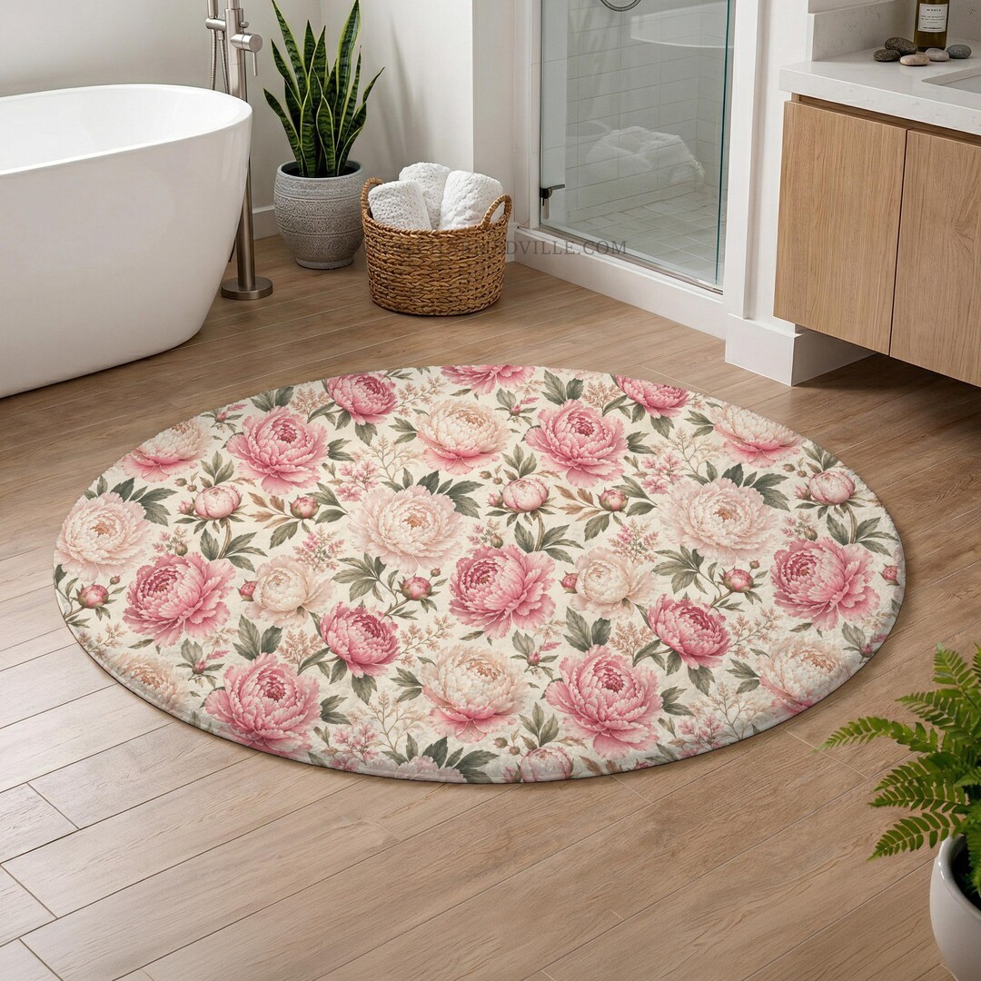 Blush Botanical Bath Mat, Round Floral Bathroom Rug, Circle Non Slip ...