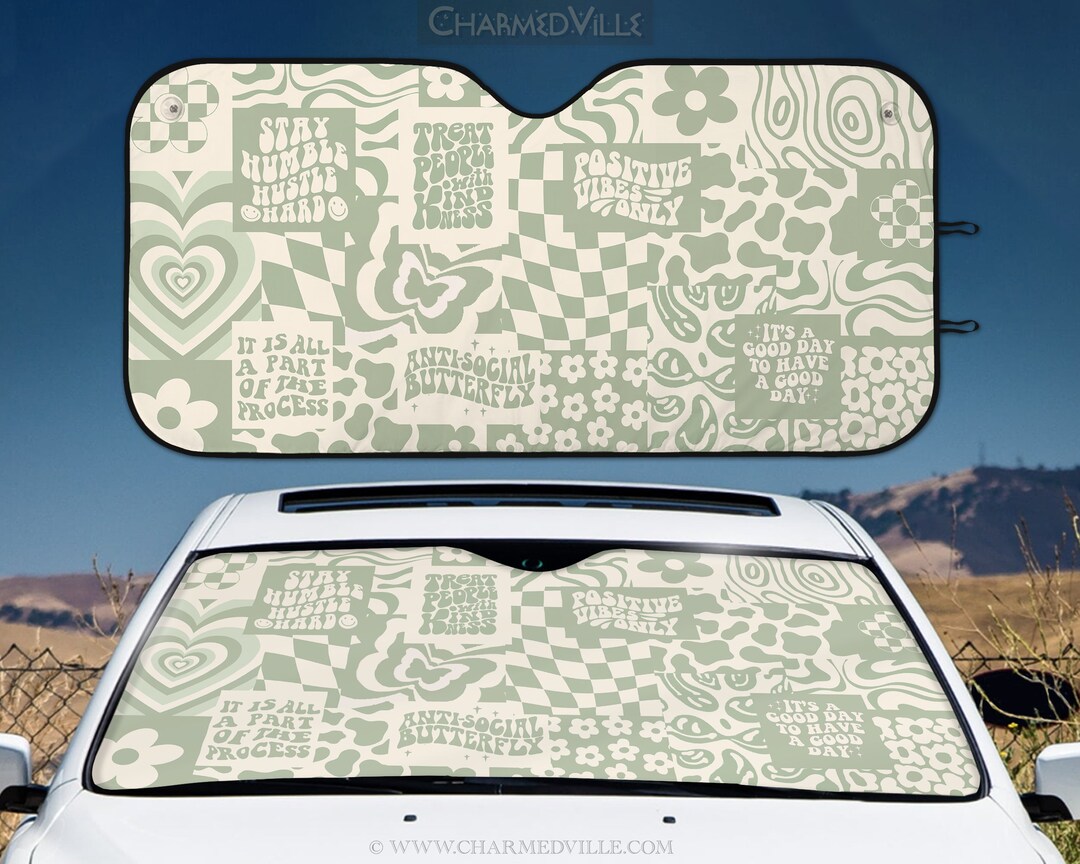 Boho Car Sunshade, Sage Green Windshield Cover, Hippie Retro Aesthetic ...