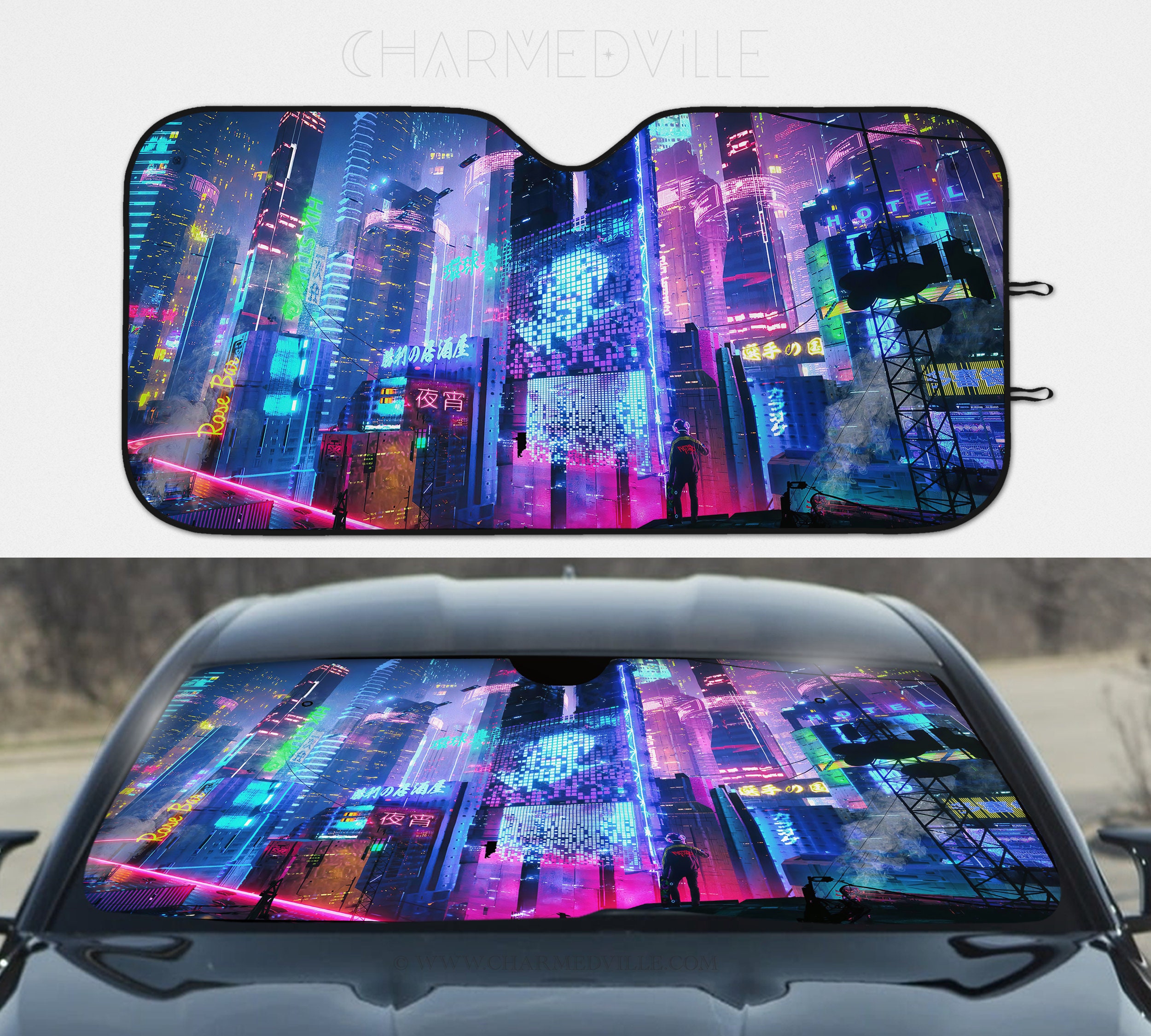 Cyberpunk Car Sunshade, Anime Sun Shade, Purple Vaporwave Window ...
