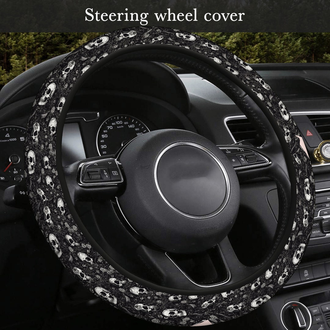 Goth Car Steering Wheel Cover, Black Skulls & Roses, Universal/headrest ...