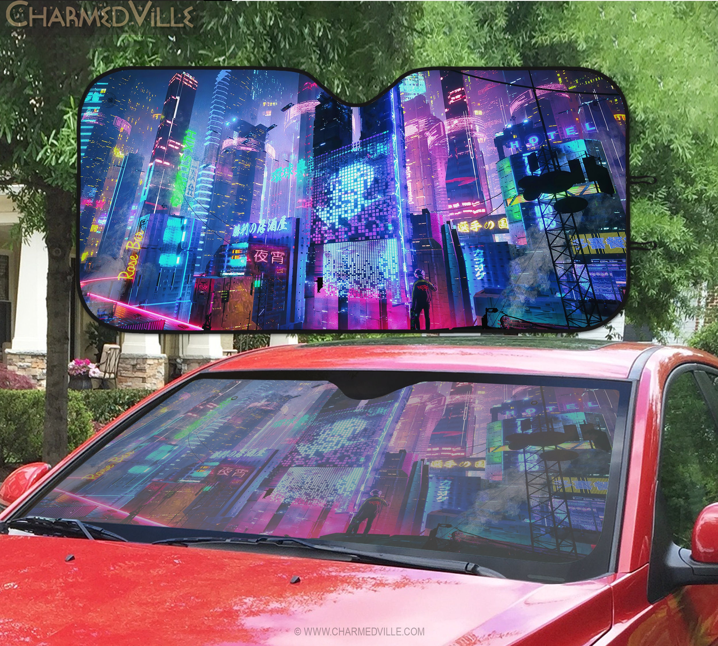 Cyberpunk Car Sunshade, Anime Sun Shade, Purple Vaporwave Window ...