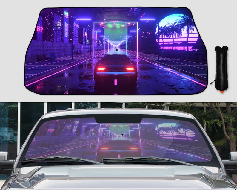 Vaporwave Car Sunshade, Anime Sun Shade, Windshield Cover, Purple ...