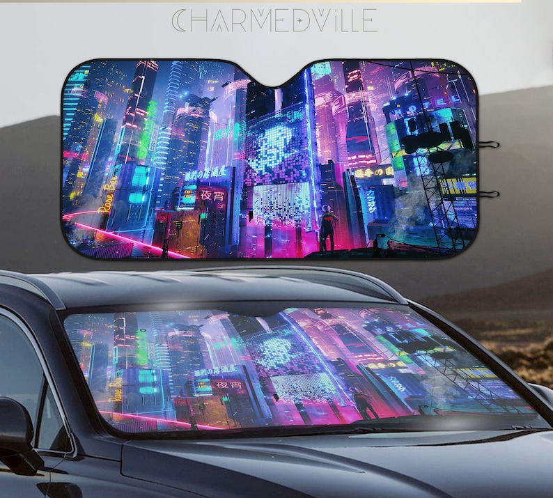 Cyberpunk Car Sunshade, Anime Sun Shade, Purple Vaporwave Window ...