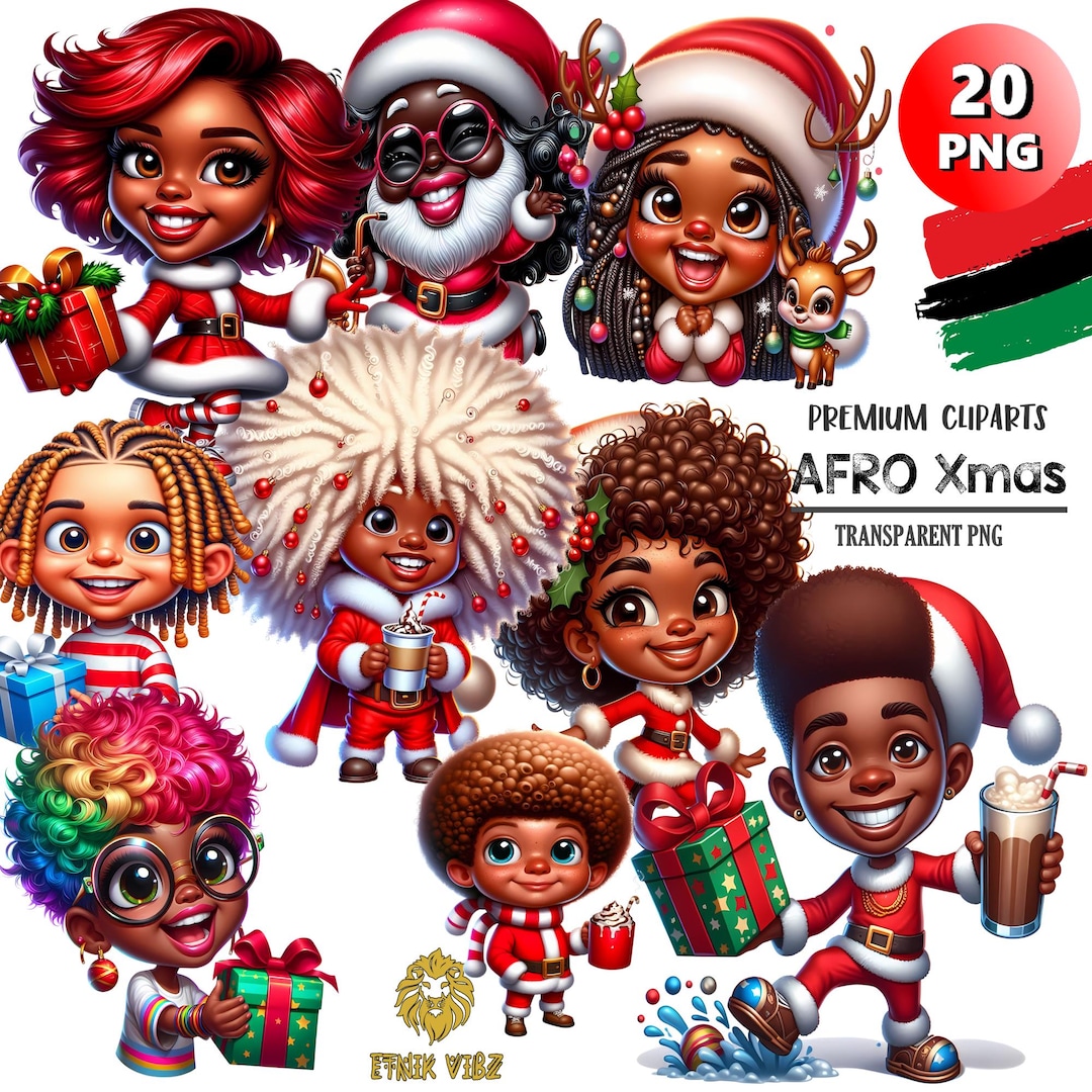 20 Cute Afro Xmas PNG Clipart, Black Christmas Prints, Instant Download ...