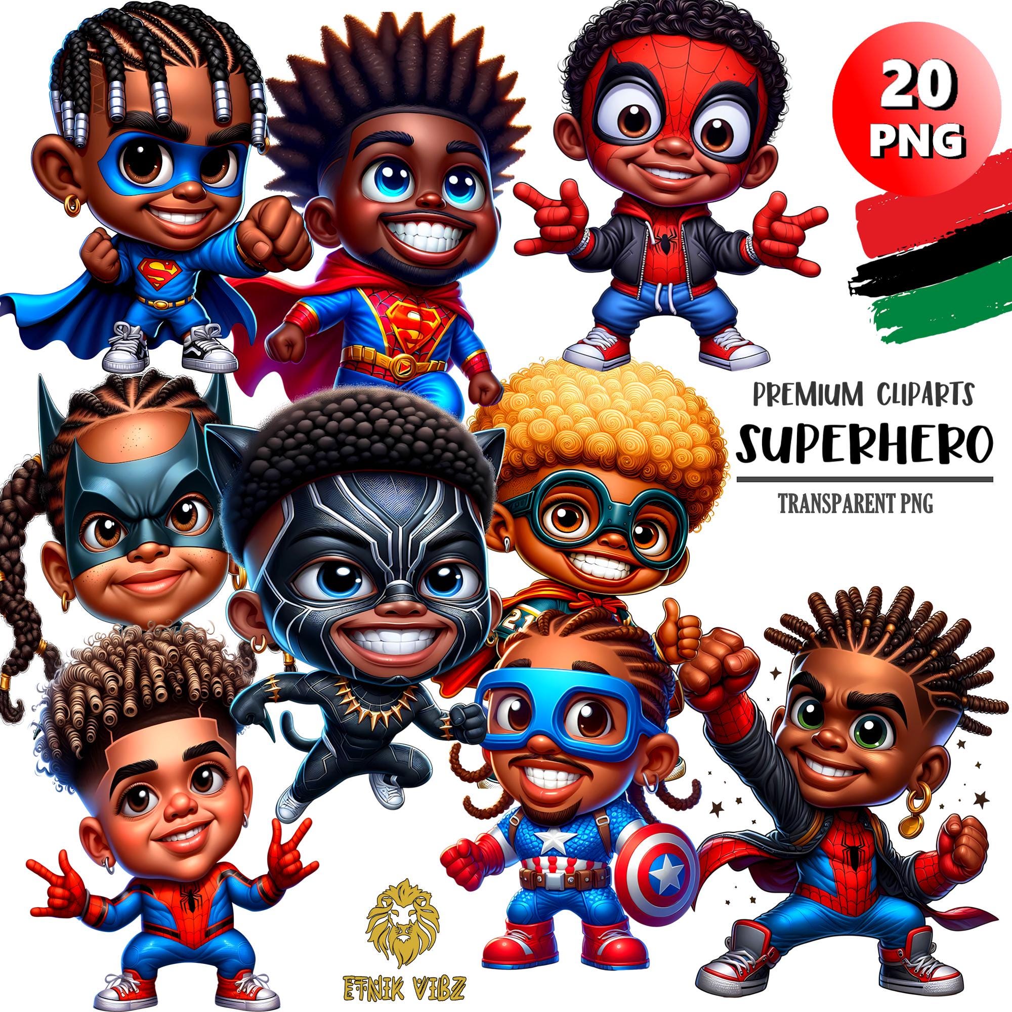 20 Cute PNG Black Boy Superhero Clipart Set, Black Boy Prints, Instant ...