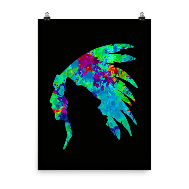 Neon Native American Watercolor Poster Wolf Chief Spirit - Etsy