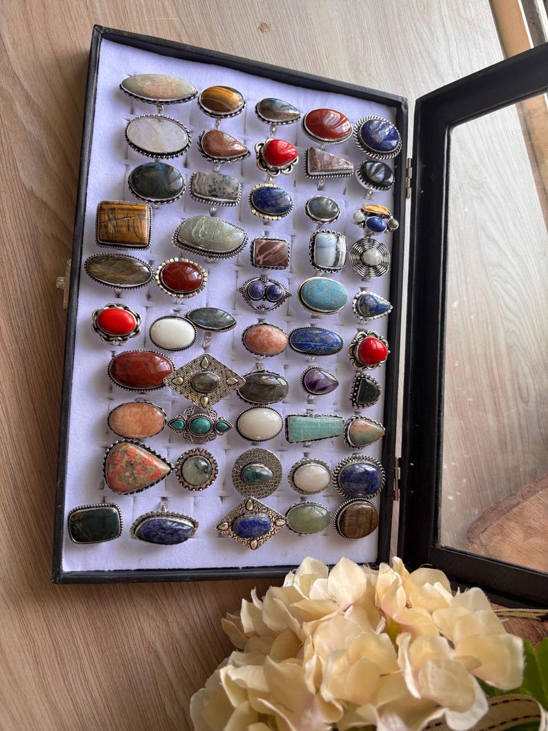 Set of 8 Mystery Natural Gemstone Rings, Wholesale Big Gemstone Rings ...