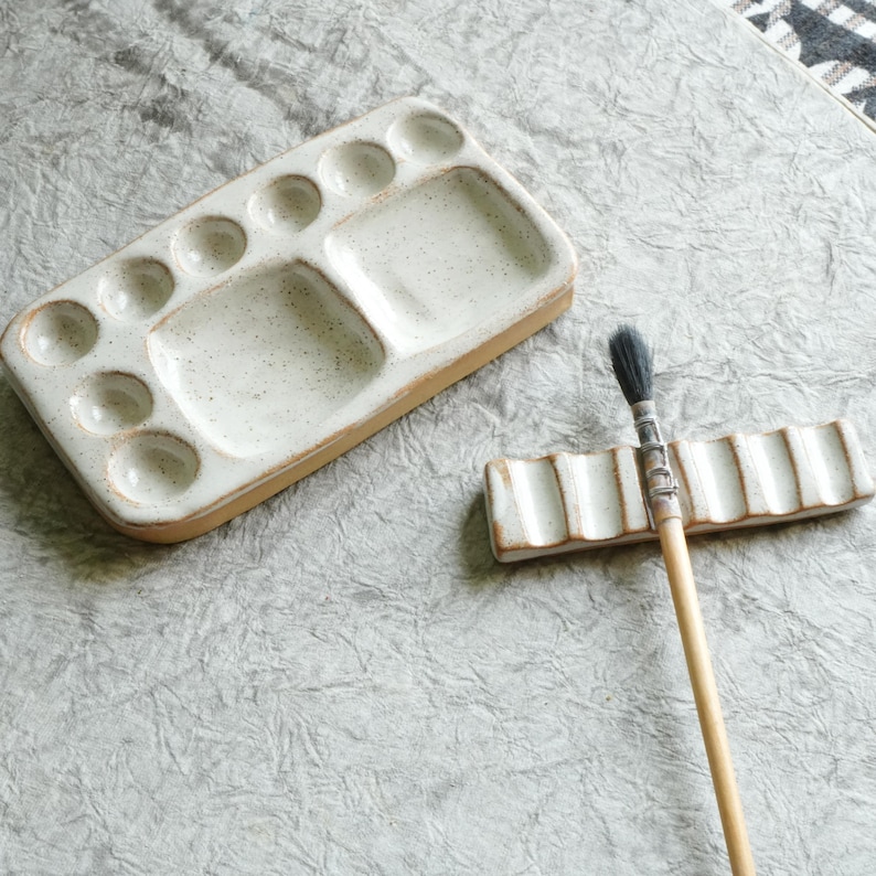 Rustic Ceramic Palette + Ceramic Brush Rest, Art Gift Set , Artist Gift ...