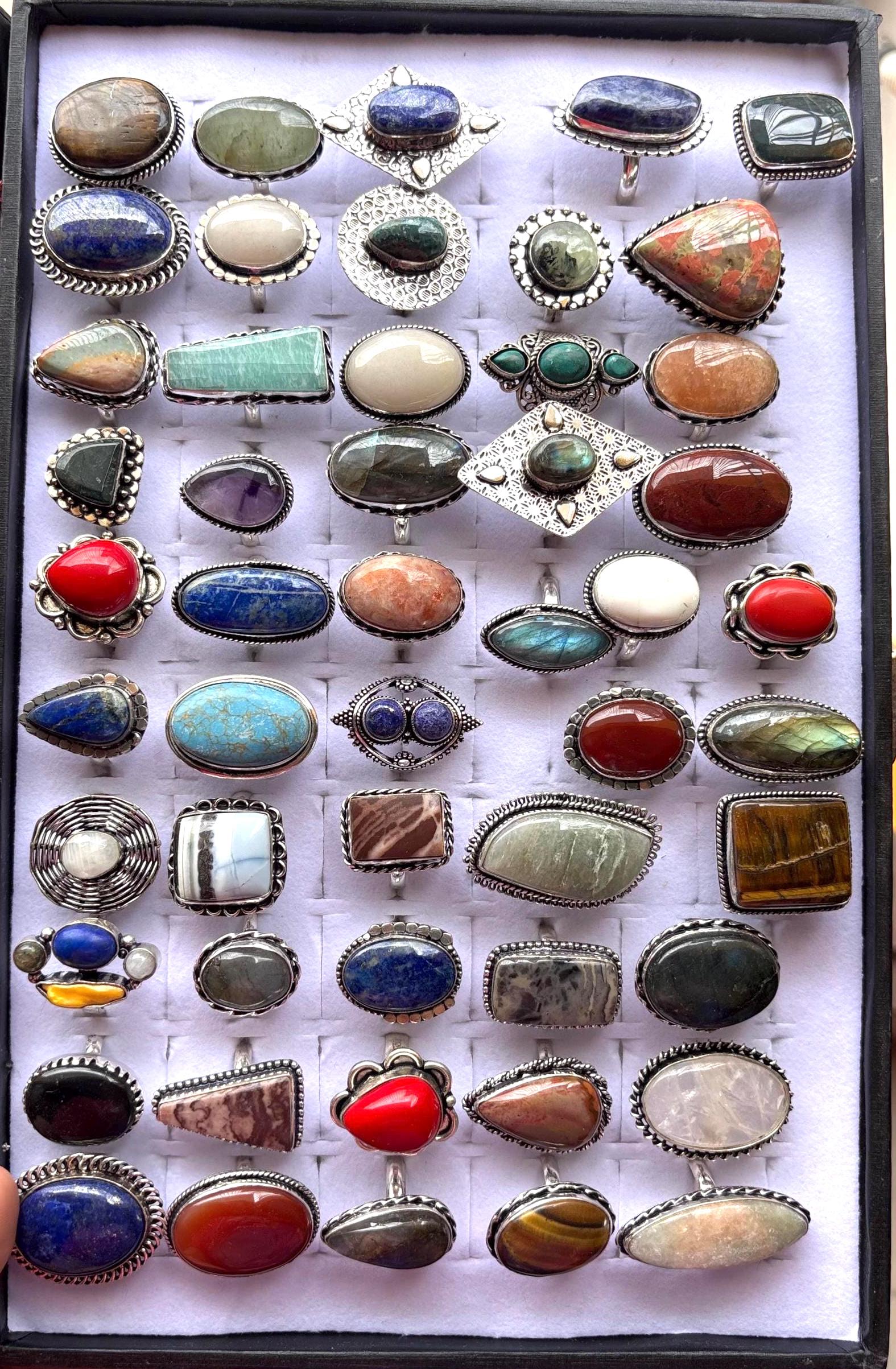 Set of 8 Mystery Natural Gemstone Rings, Wholesale Big Gemstone Rings ...