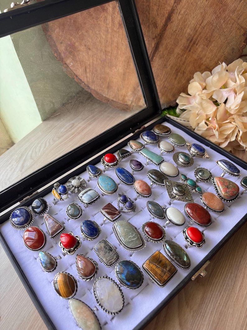 Set of 8 Mystery Natural Gemstone Rings, Wholesale Big Gemstone Rings ...
