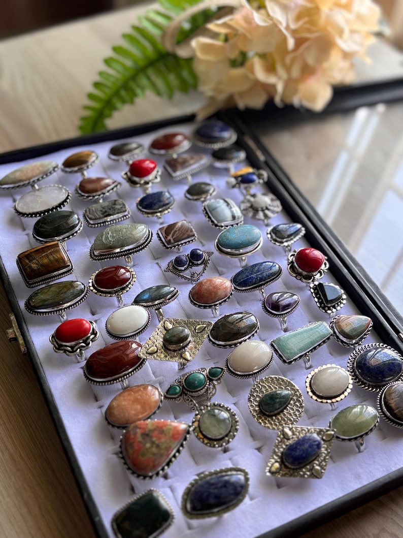 Set of 8 Mystery Natural Gemstone Rings, Wholesale Big Gemstone Rings ...