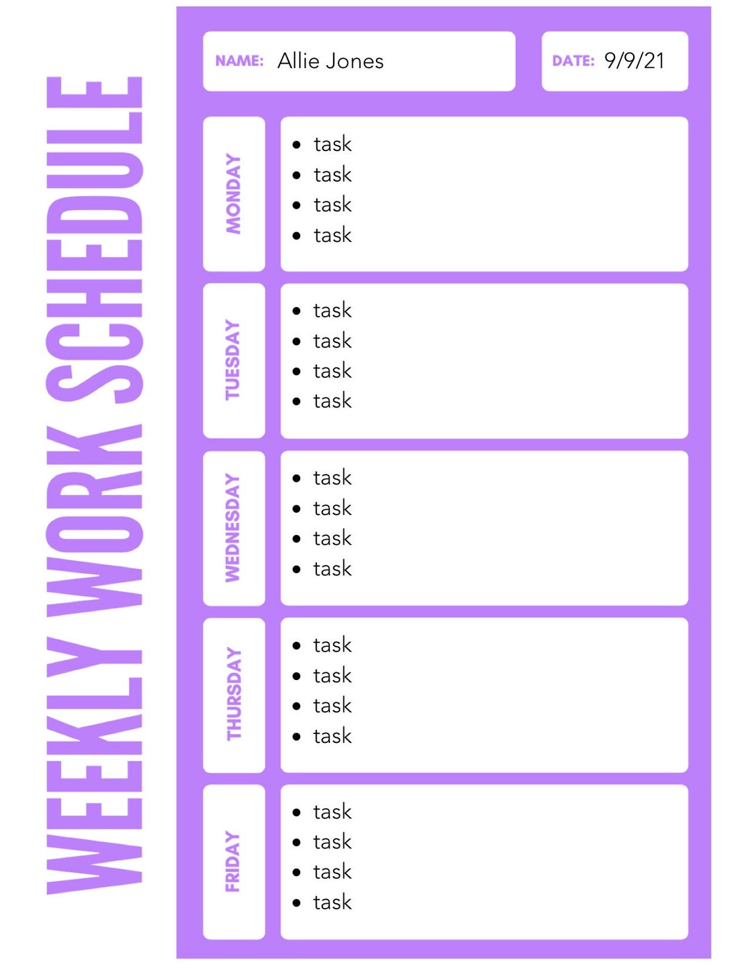 Editable Weekly Work Schedule (purple) - Etsy
