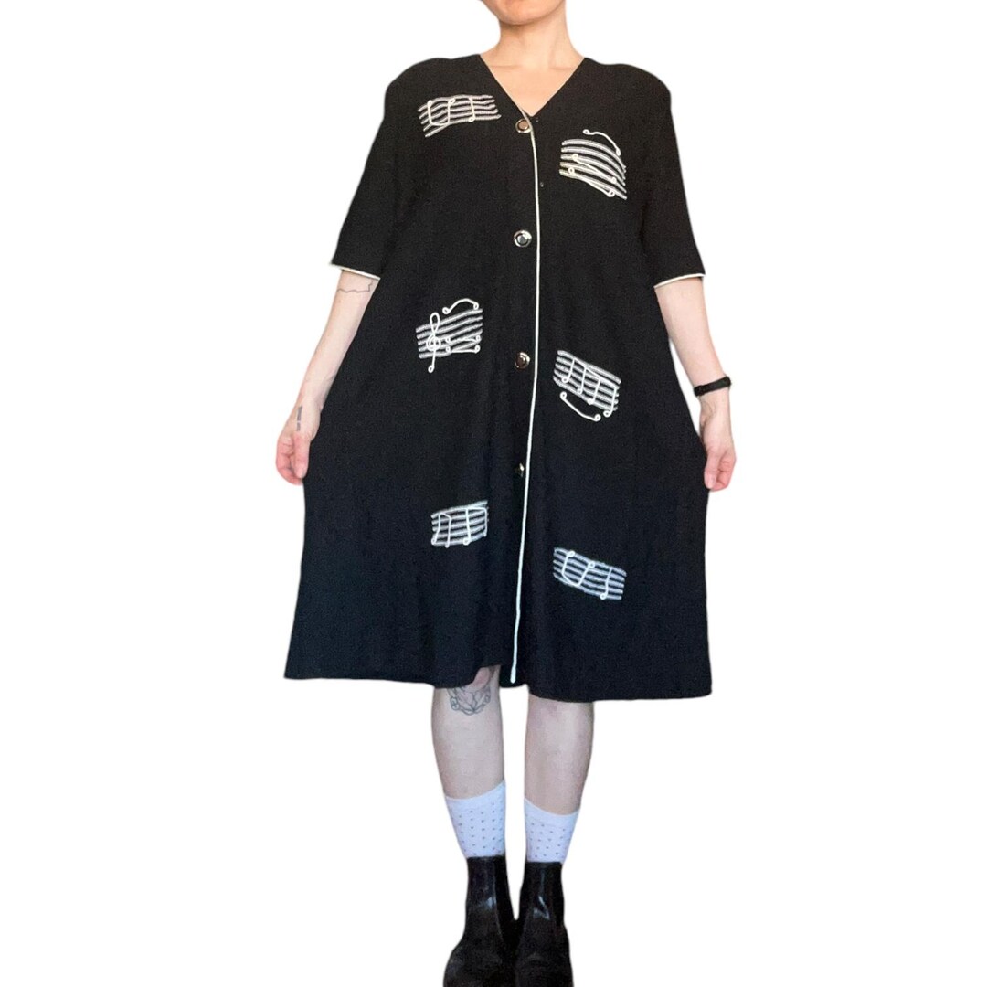 Vintage '80s Steve Fabrikant Black Knit Sweater Dress Music Notes ...