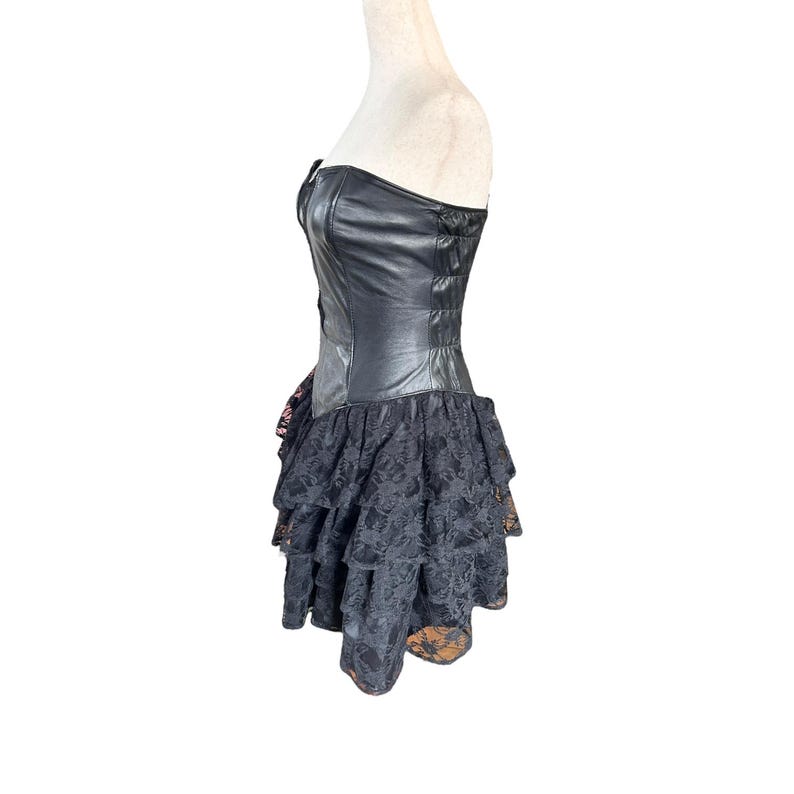 Vintage '80s Black Leather Corset Dress Tiered Ruffle Tutu Skirt Goth ...