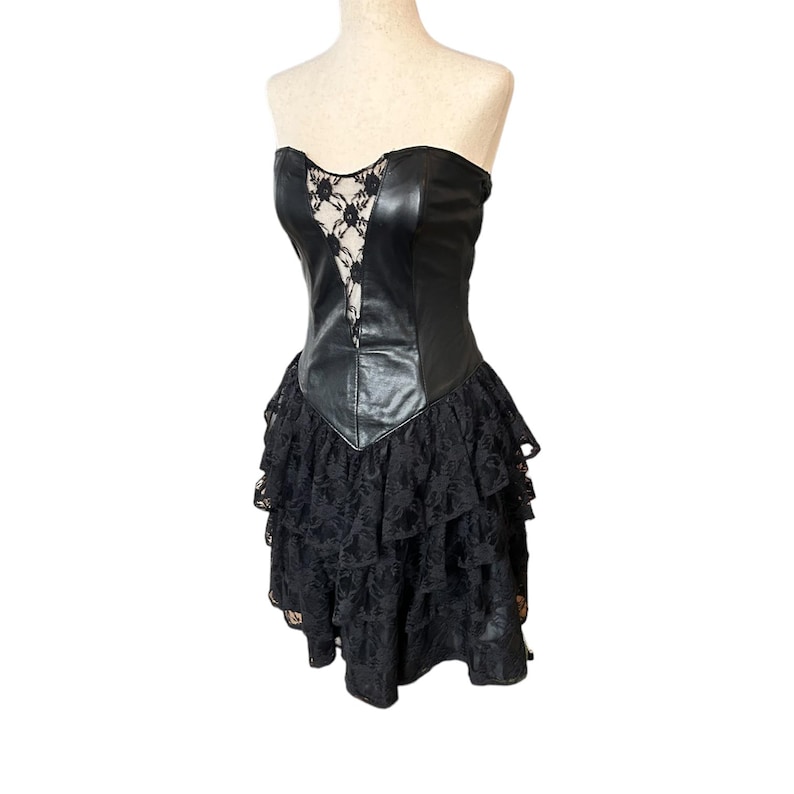 Vintage '80s Black Leather Corset Dress Tiered Ruffle Tutu Skirt Goth ...