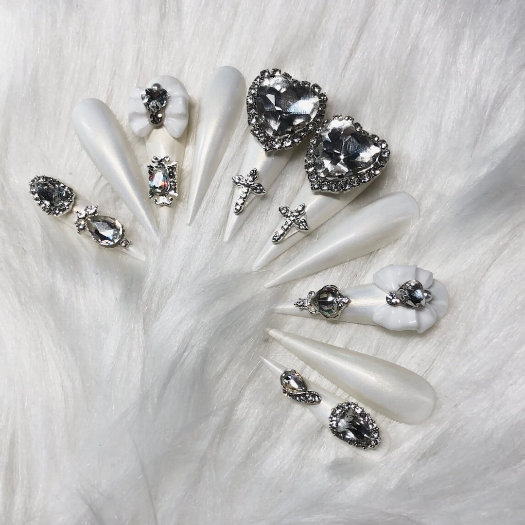 Stiletto White Emo/goth Iridescent Press on Nails With Silver Heart ...