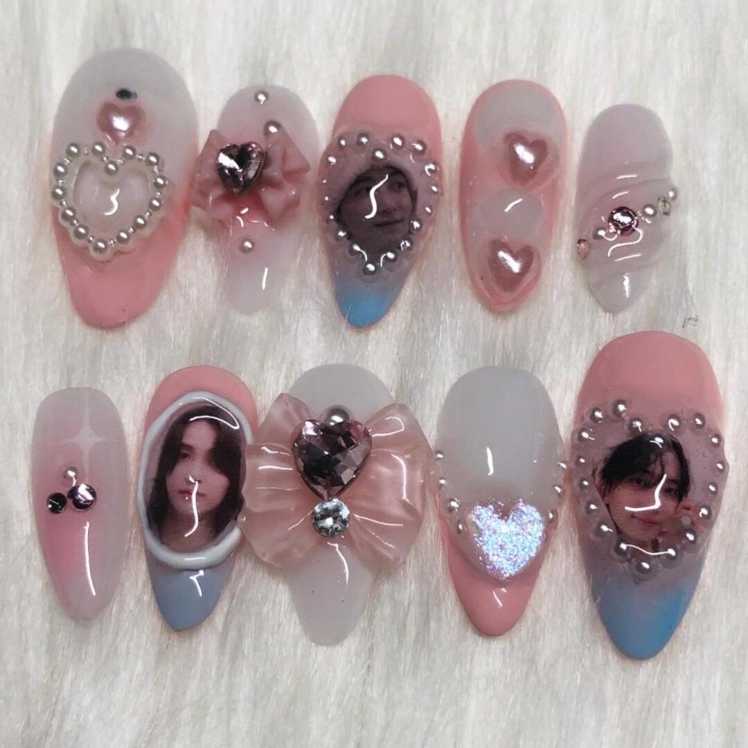 Seventeen Custom KPOP Press on Nails Pink & White Pearl Girly Coquette ...