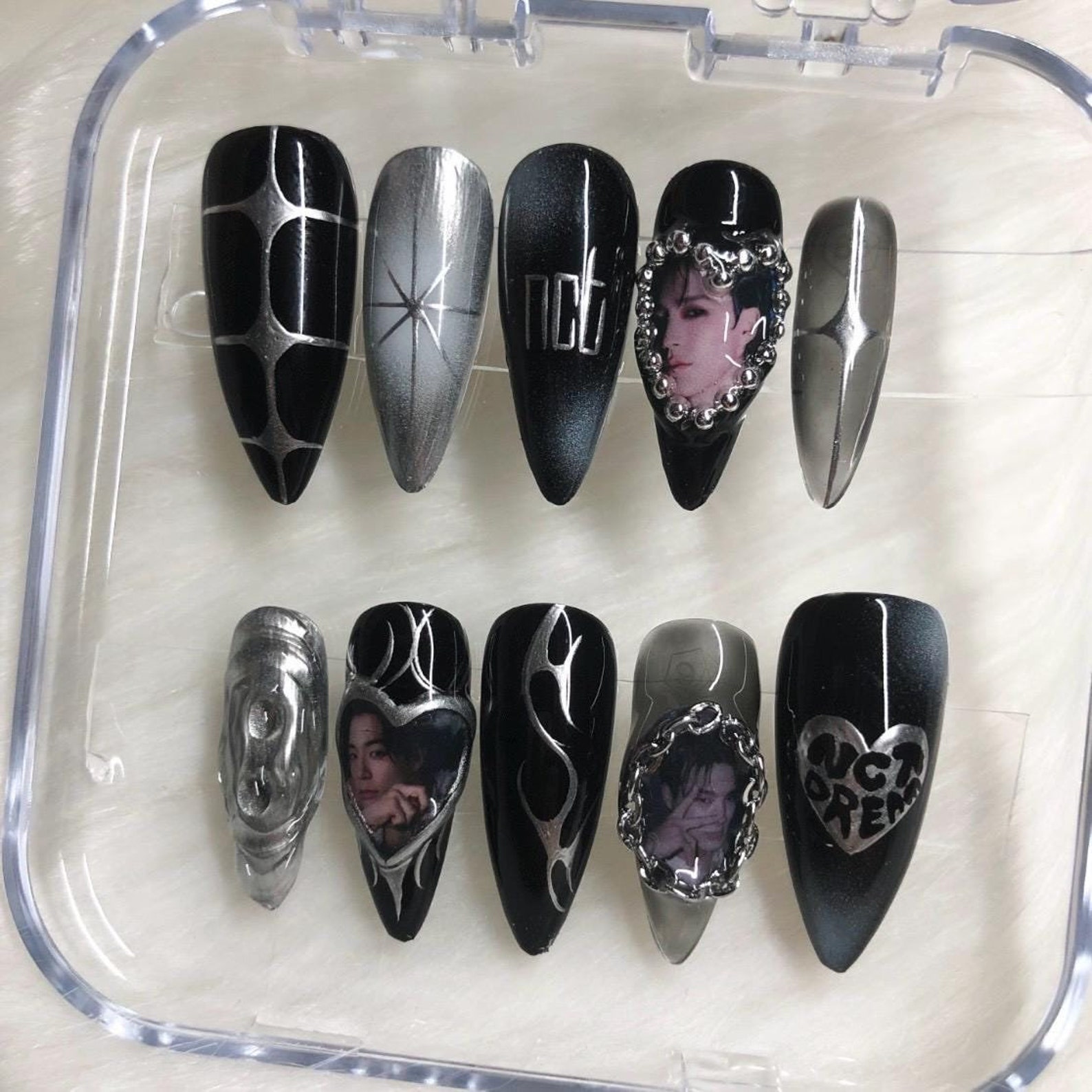 Custom NCT Drean KPOP Press on Nails Emo Goth Nails With Silver Chrome ...