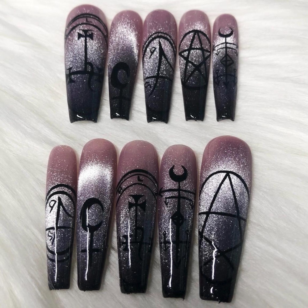 Purple to Ombre French Tip Witch Nails With Black Lilith Sigils and ...