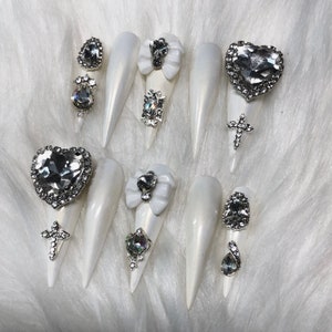 Stiletto White Emo/goth Iridescent Press on Nails With Silver Heart ...