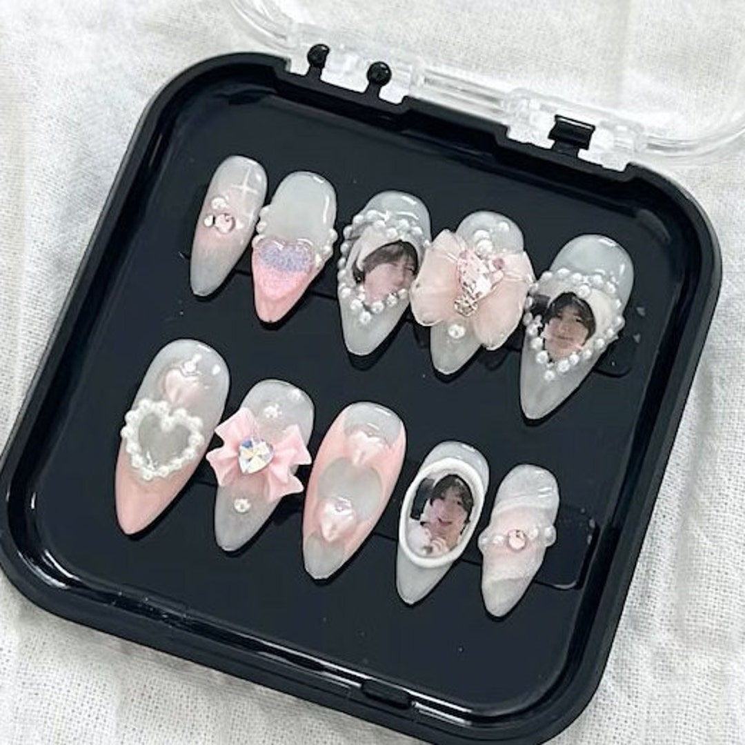 Custom KPOP Press on Nails Pink & White Pearl Girly Coquette Nails Kpop ...