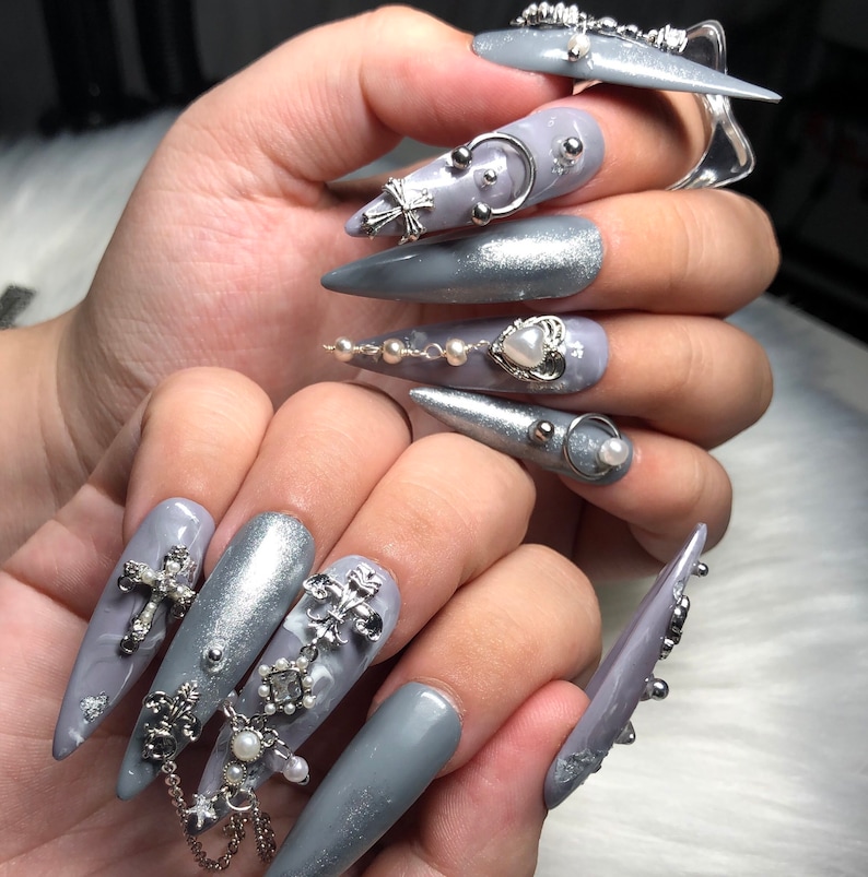 Long Stiletto Gray & Silver Chrome Heart Goth Press on Nails - Etsy