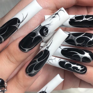Emo Goth Press on Nails: Black & White French Tip With Silver Chrome - Etsy