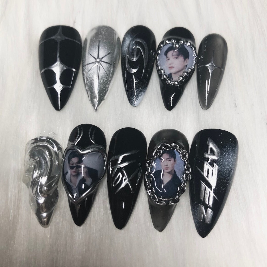 Custom ATEEZ KPOP Press on Nails Emo Goth Nails With Silver Chrome ...