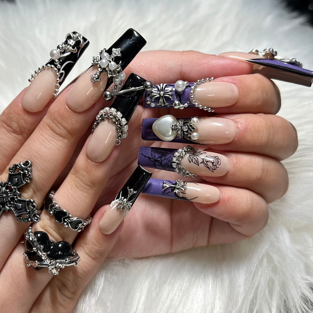 Purple & Black Goth Emo Press on Nails With Charms and Piercings ...
