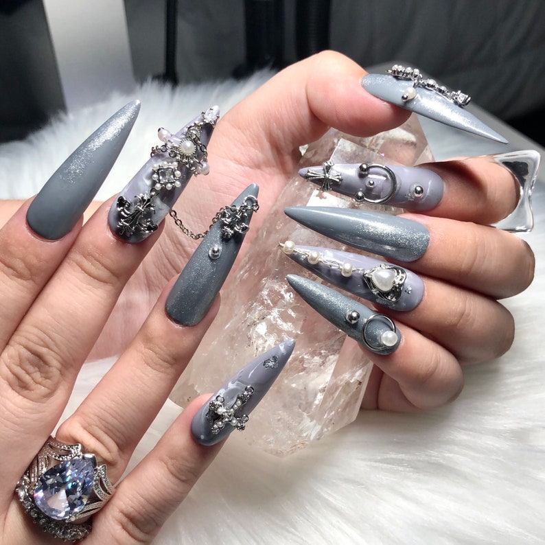 Long Stiletto Gray & Silver Chrome Heart Goth Press on Nails - Etsy
