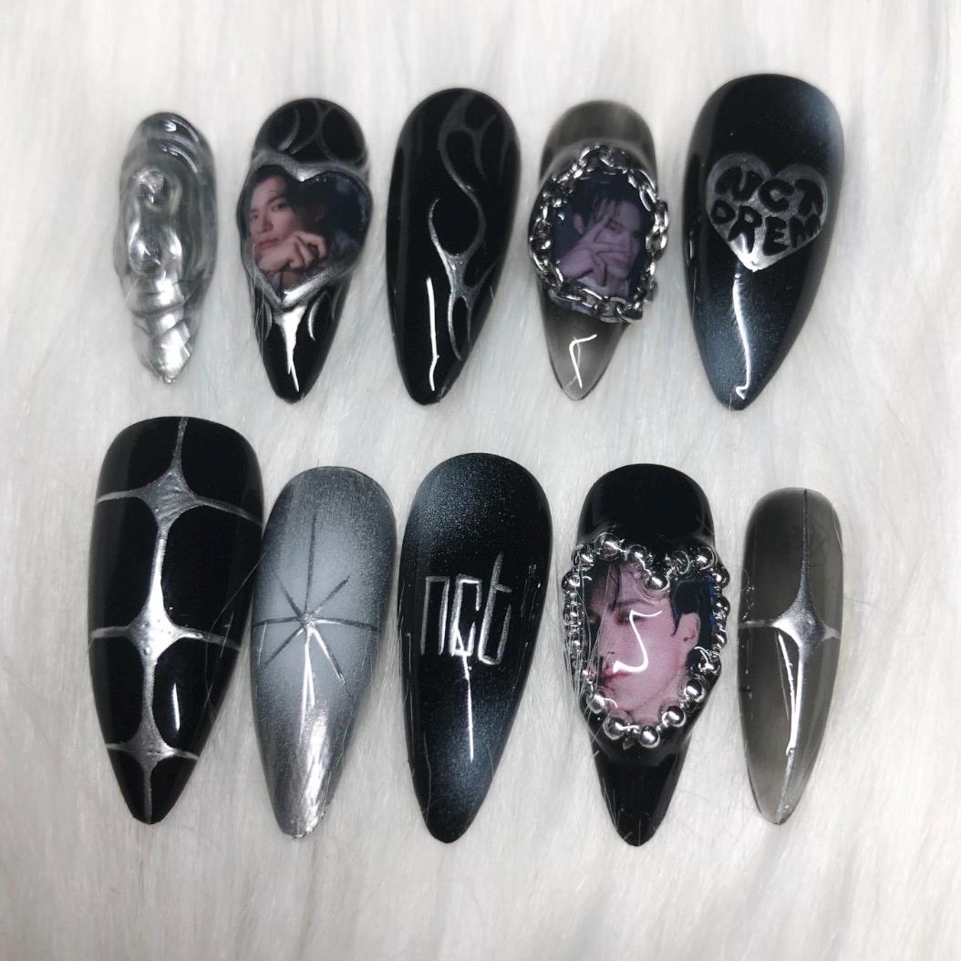 Custom NCT Drean KPOP Press on Nails Emo Goth Nails With Silver Chrome ...
