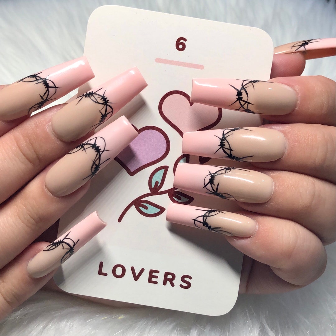 Long Square Pink Barbed Wire French Tip Long Goth/emo Valentines Day ...
