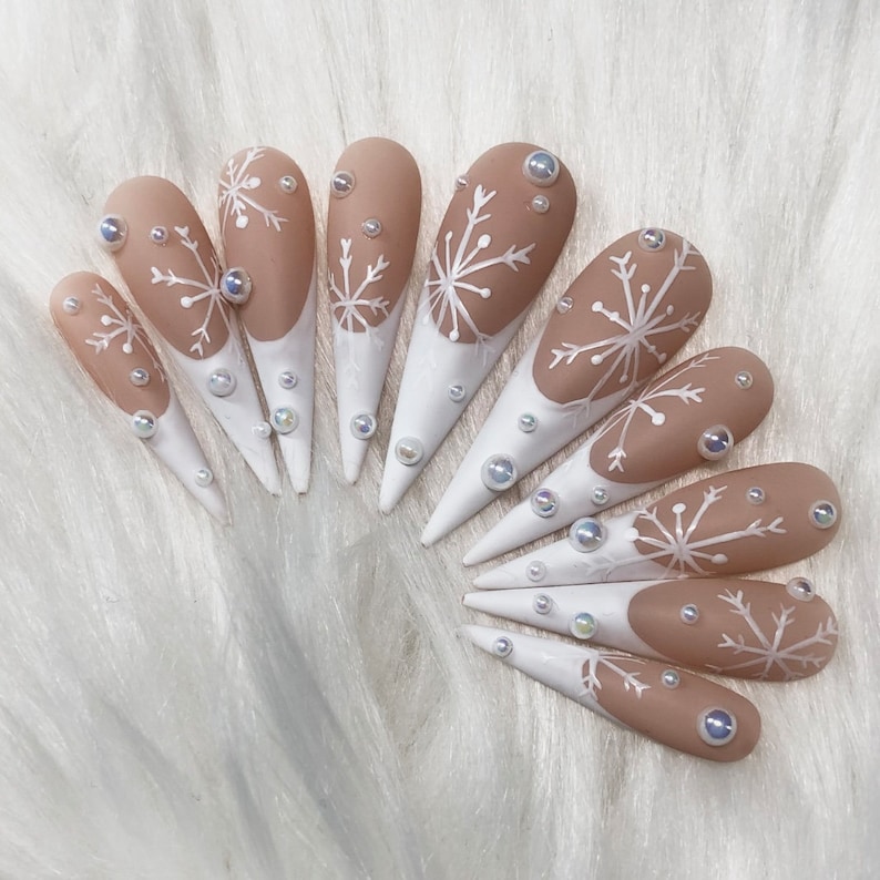 Snowflake White French Tip Matte Press on Nails With Pearls - Etsy