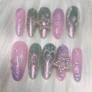 Iridescent Fairy Mermaid Chrome Pink Ombre Press on Nails With White ...