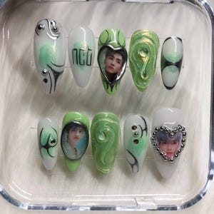 NCT DREAM White and Green Fluorescent Custom KPOP Press on Nails With ...