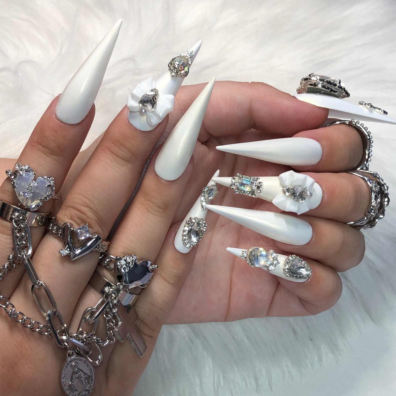 Stiletto White Emo/goth Iridescent Press on Nails With Silver - Etsy