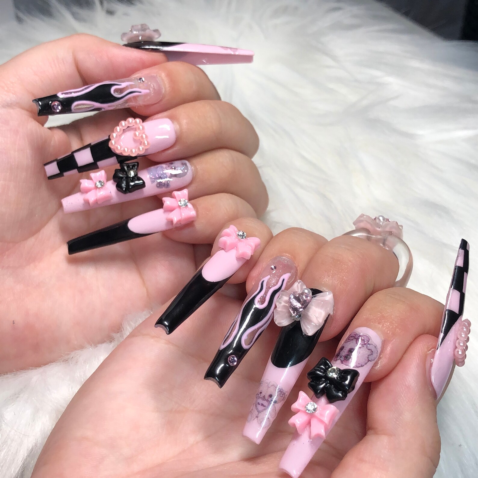 Long Coffin Pink & Black Goth Emo Press on Nails With Charms - Etsy