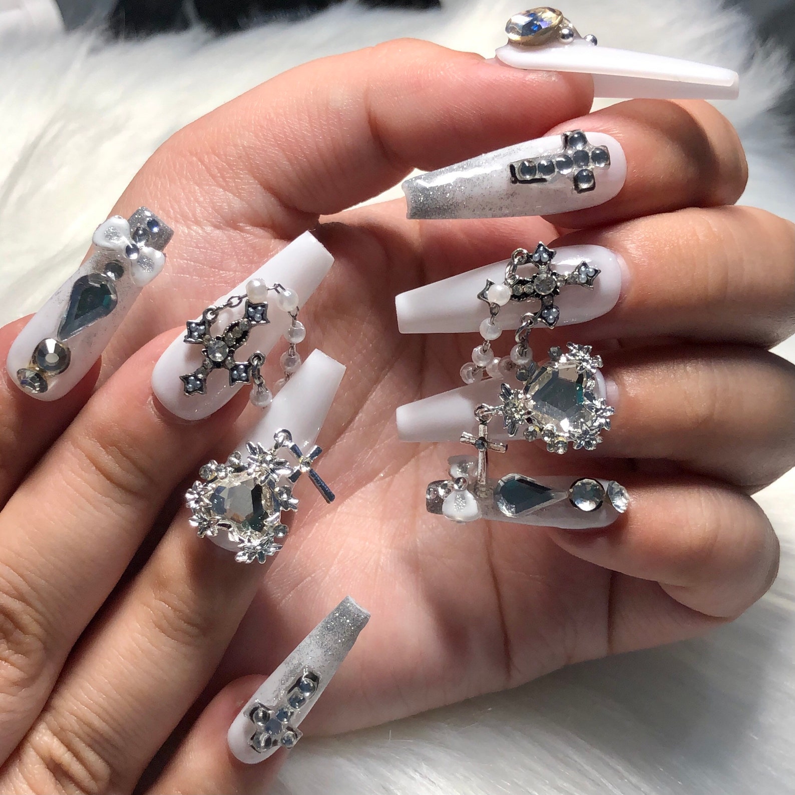 White Emo Goth Press on Nails With Charms Wedding Prom Nails - Etsy