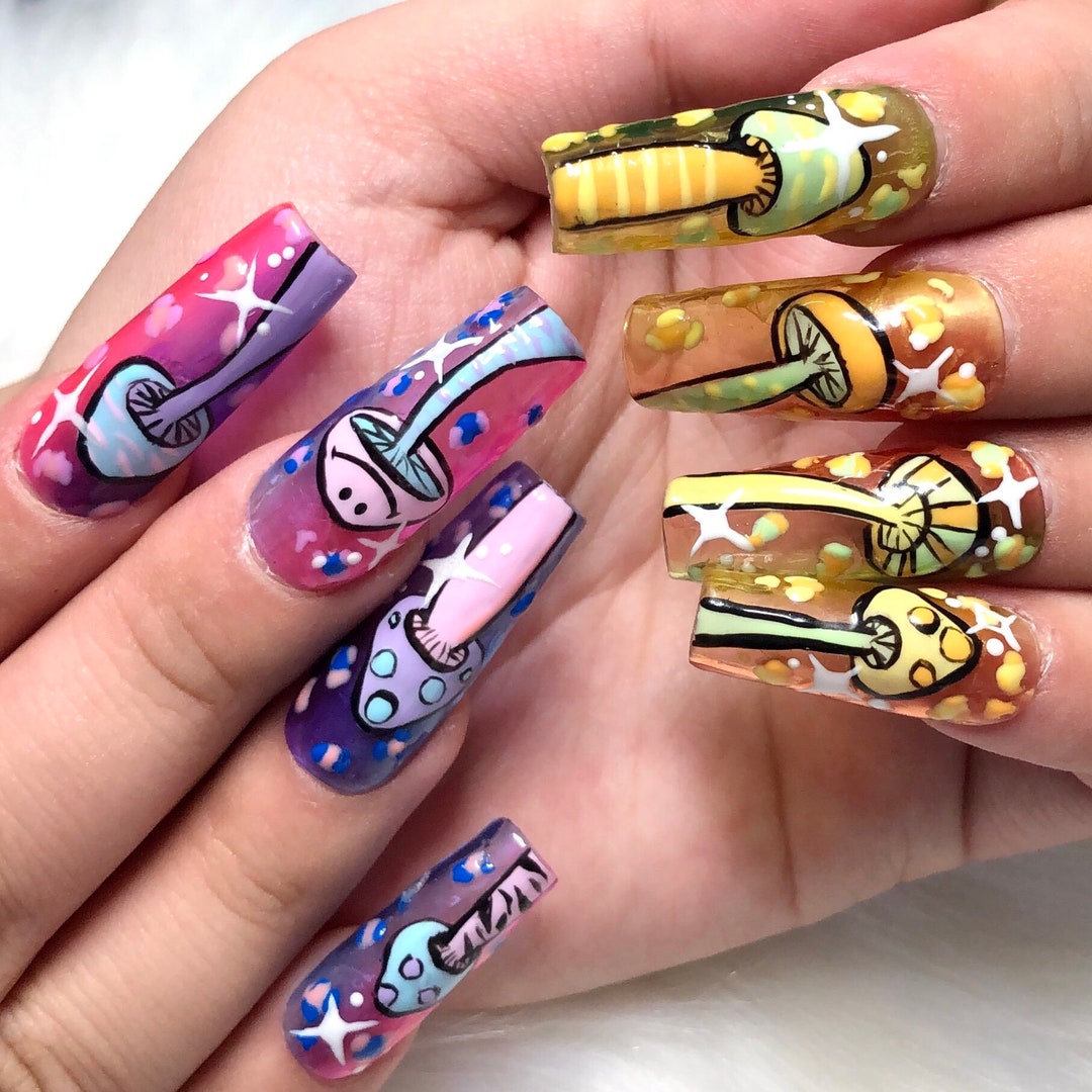 Hand Painted Mushroom Press on Nails – Long Square Jelly Rainbow - Etsy