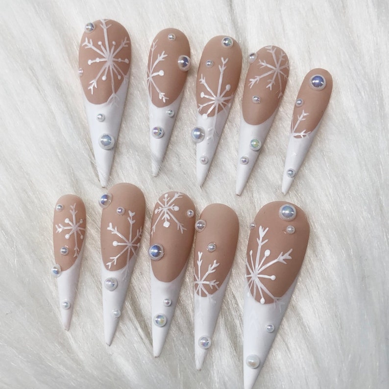 Snowflake White French Tip Matte Press on Nails With Pearls - Etsy