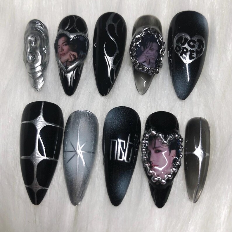 Custom NCT Drean KPOP Press on Nails Emo Goth Nails With Silver Chrome ...