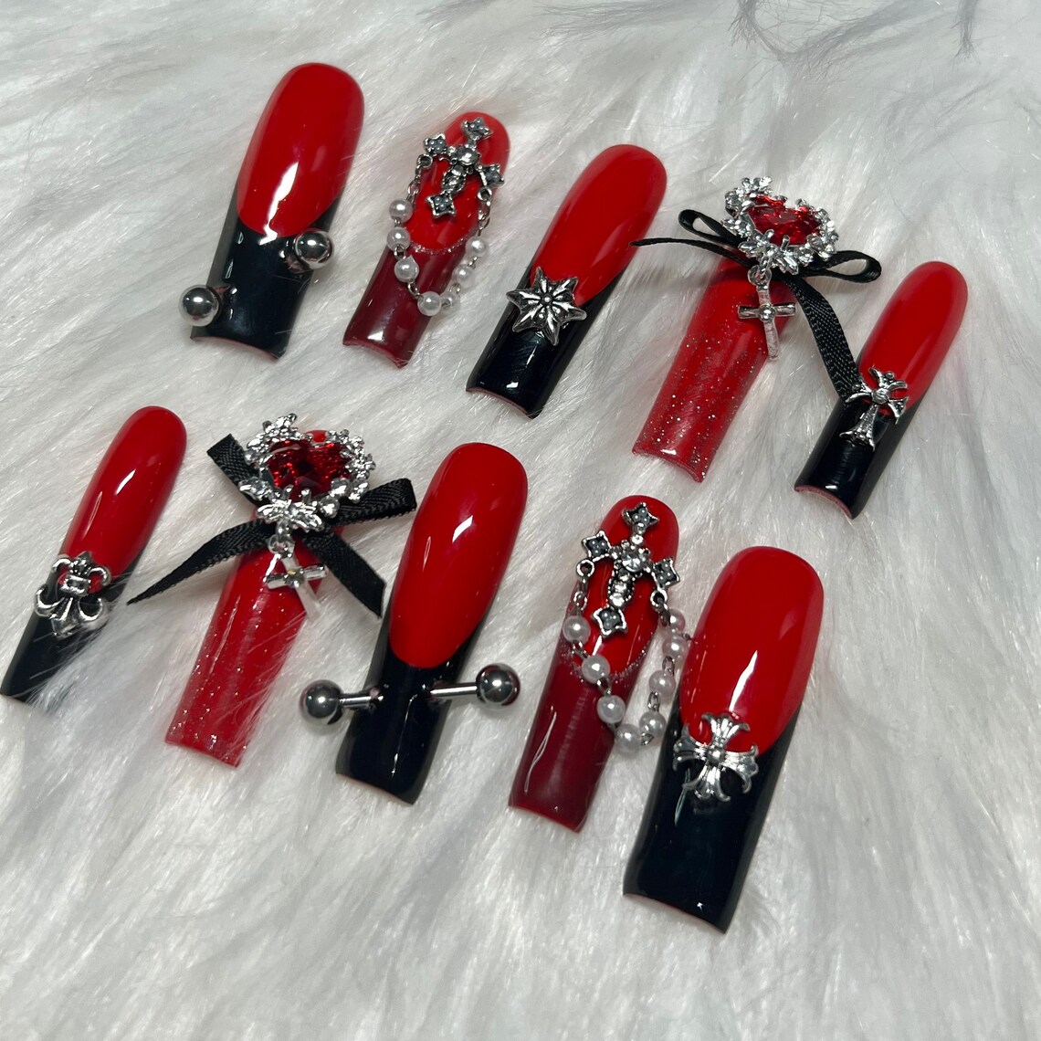 Red & Black Long Squared Goth Emo Press on Nails With Charms - Etsy