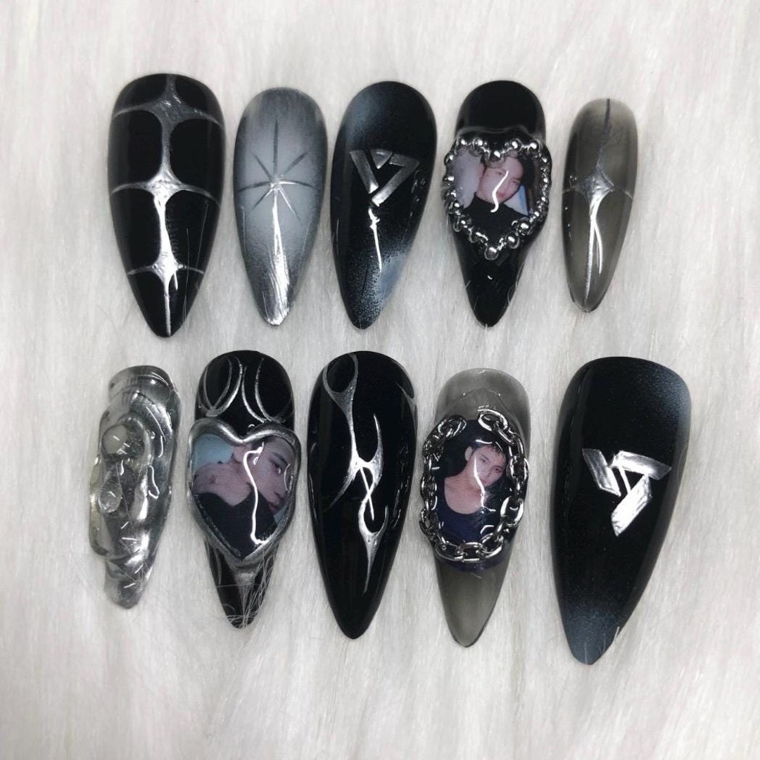 Custom SEVENTEEN Press on Nails Emo Goth Nails With Silver Chrome ...