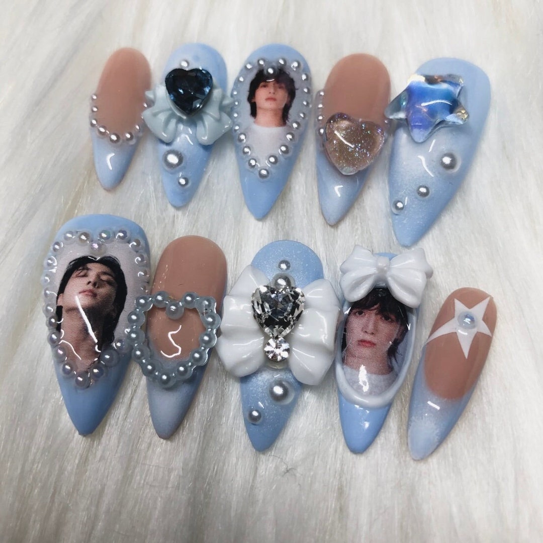 Custom KPOP Press on Nails Blue & White Pearl Girly Coquette Nails Kpop ...