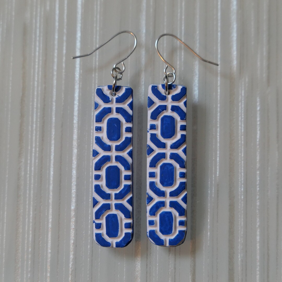 Blue Tile Pattern Polymer Clay Dangle Earrings: Santorini Style - Etsy