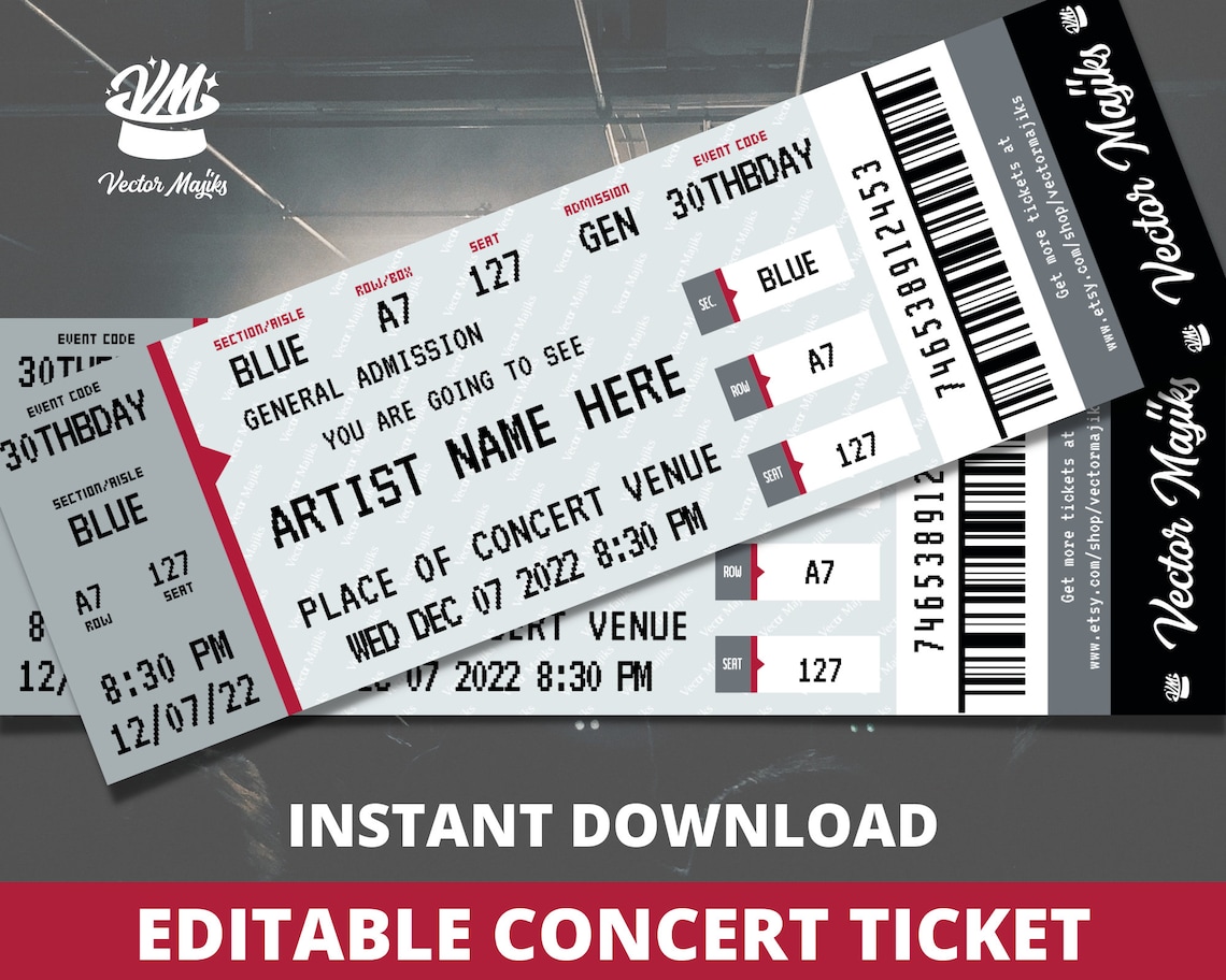 Concert Ticket Template Gift Certificate Personalized Event - Etsy