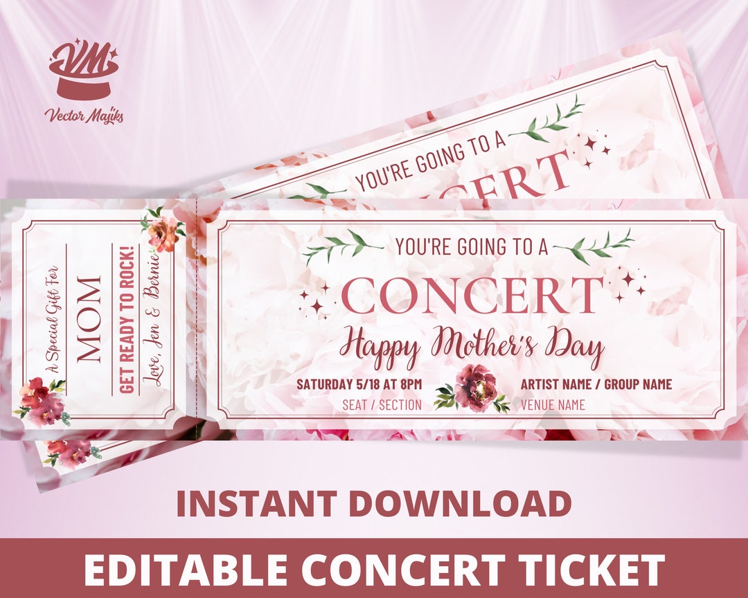 Concert Ticket Template Mothers Day Gift Certificate - Personalized ...