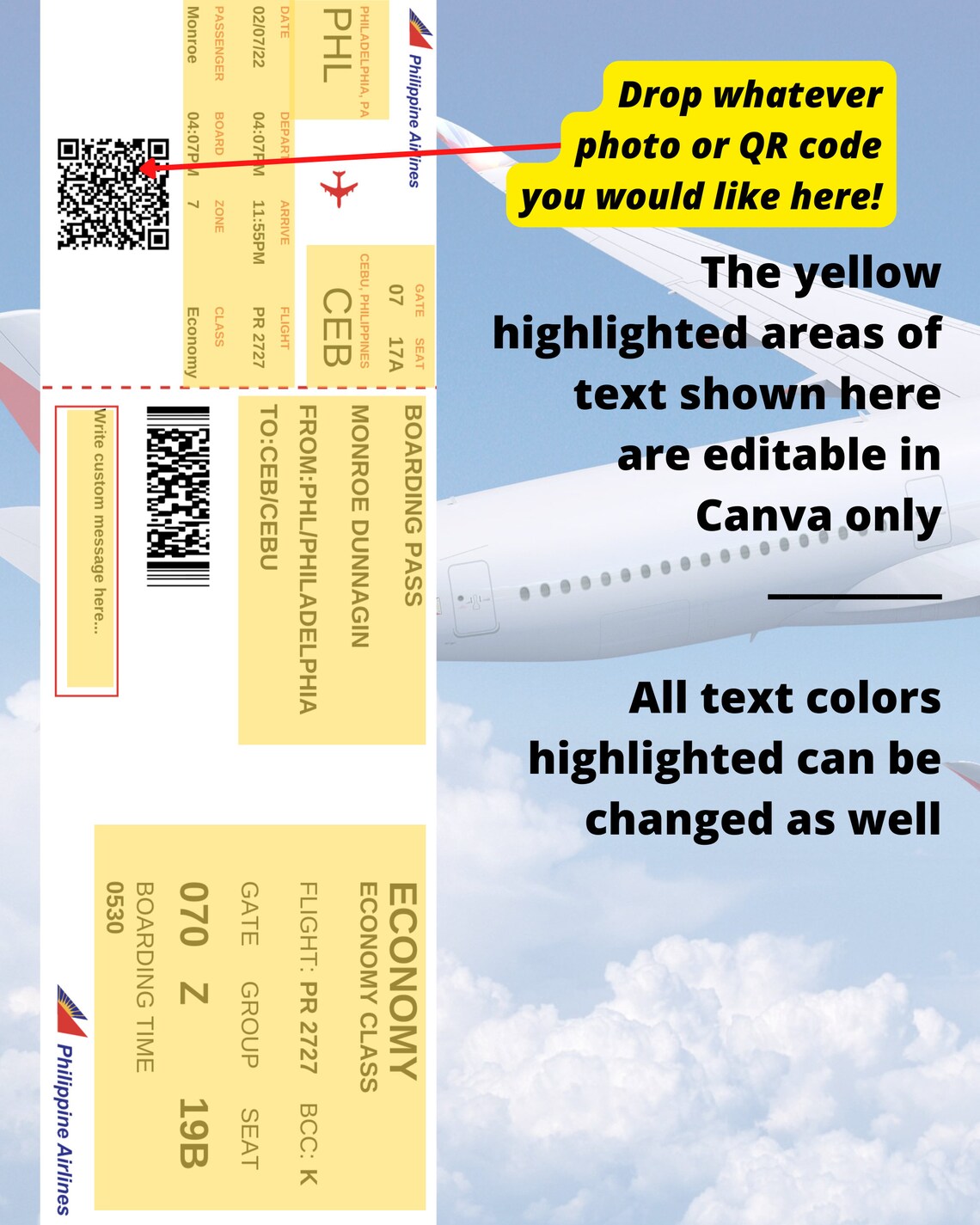 Editable Boarding Pass Ticket Template, Surprise Airline Gift ...