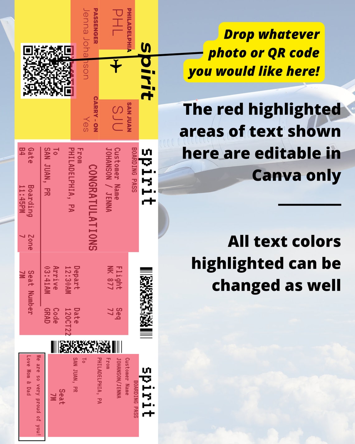 Editable Boarding Pass Ticket Template, Surprise Airline Gift, Fake ...
