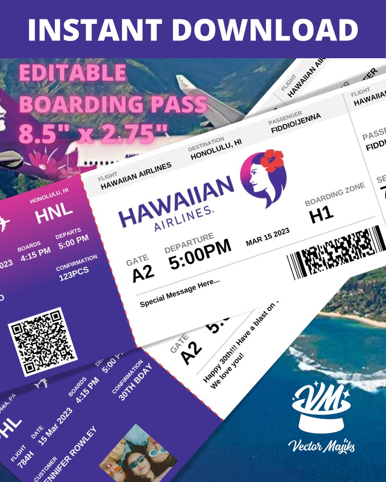 Editable Boarding Pass Ticket Template, Surprise Airline Gift, Hawaii ...